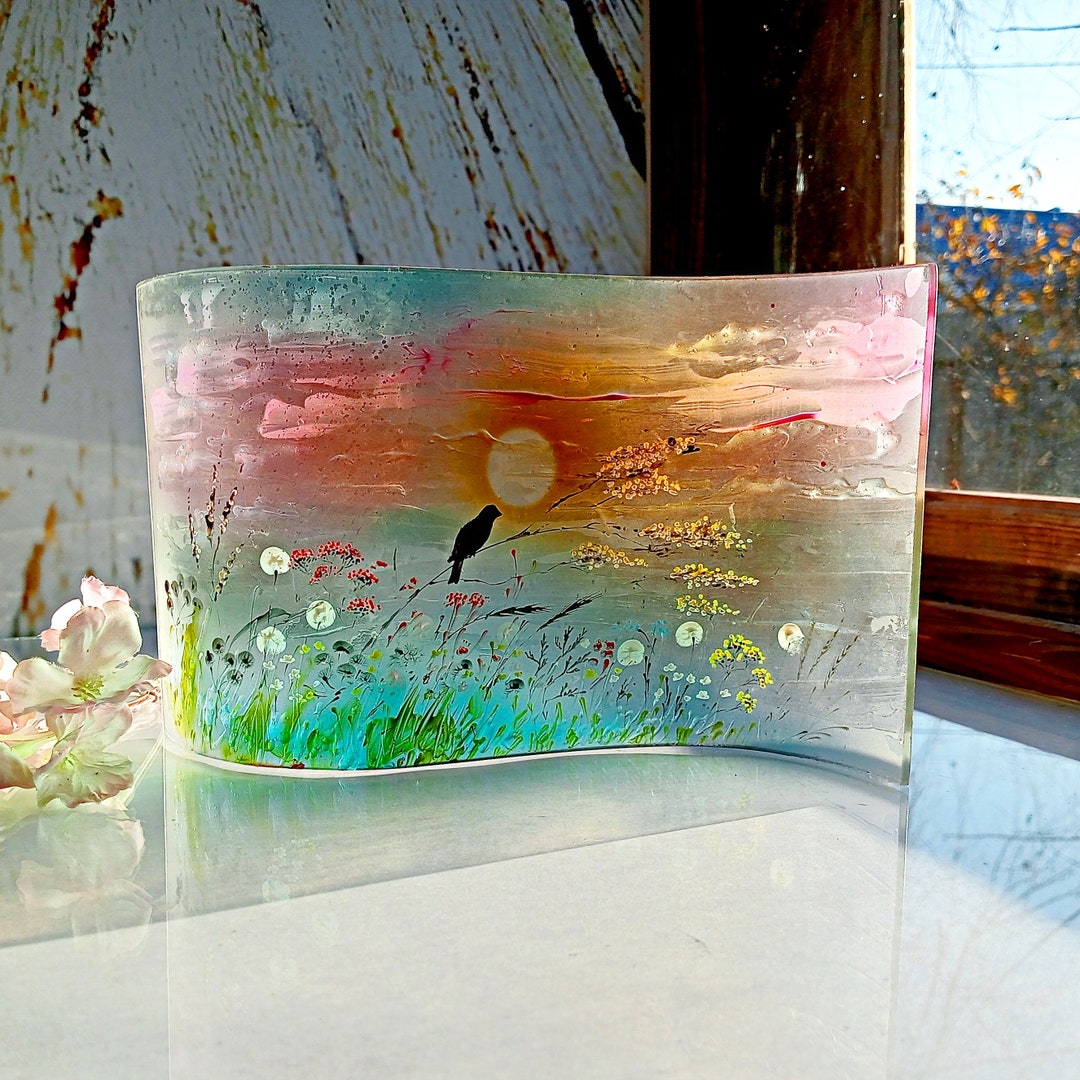 Glass Wave Art Painting on Screen Bird Stained Glass Panel Fused Glass ...