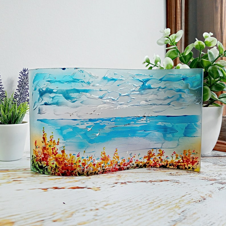 Glass Wave Art Painting Sea Glass Screen Stained Glass Panel Fused ...
