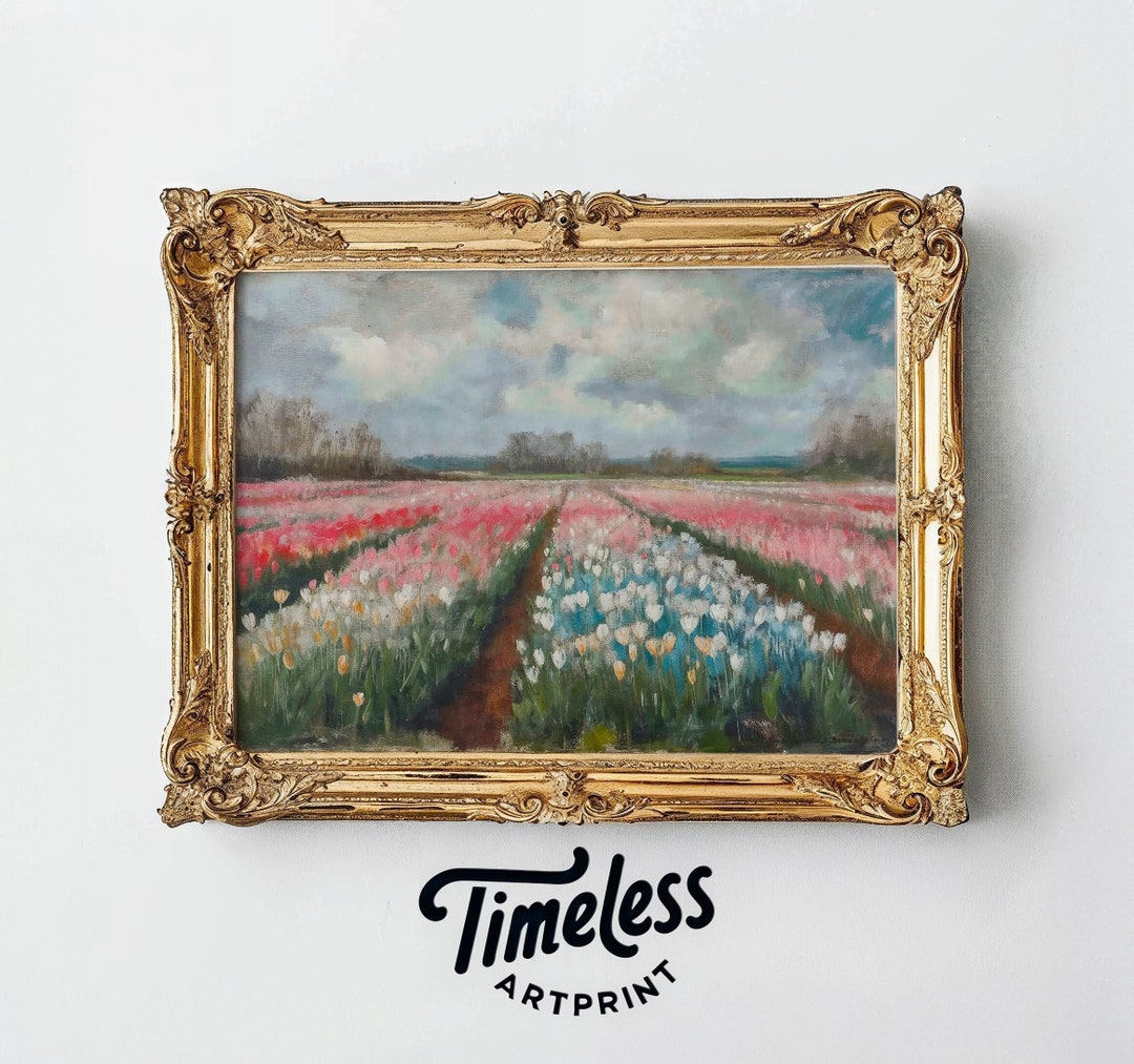 Blooming Tulip Field Artwork | Vintage Pastoral Spring Scene ...