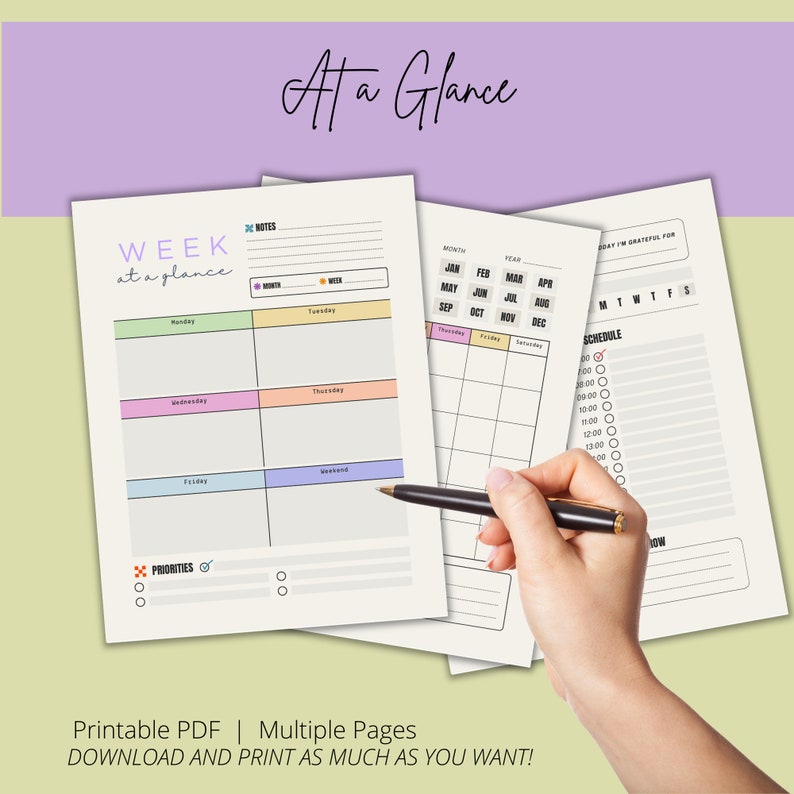 Printable at a Glance Daily, Weekly, Monthly Planner Pages - Etsy