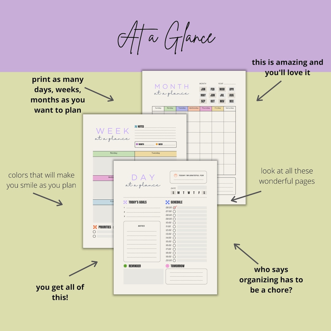 Printable at a Glance Daily, Weekly, Monthly Planner Pages - Etsy