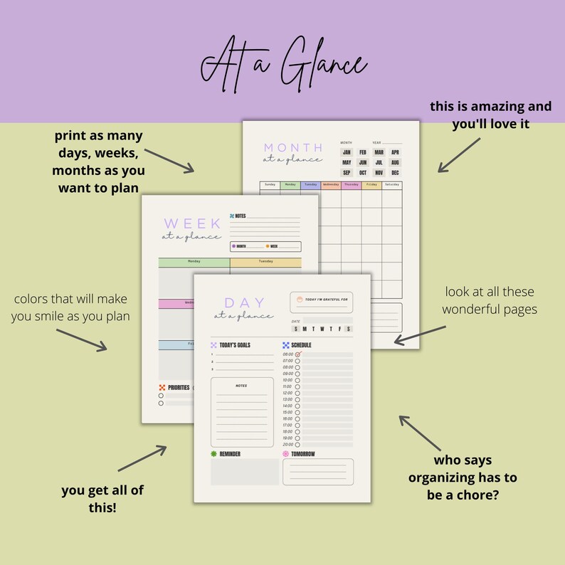 Printable at a Glance Daily, Weekly, Monthly Planner Pages - Etsy