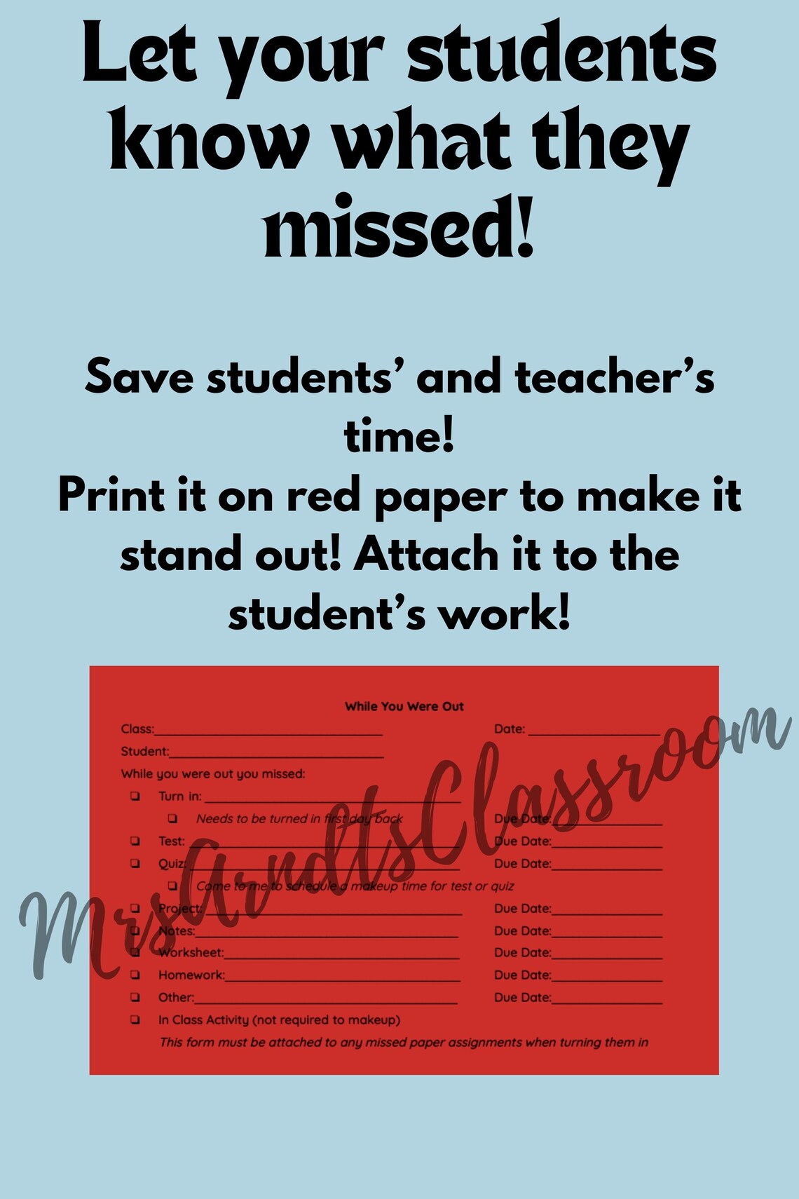 Classroom while You Were Out Form Time Saver INSTANT DOWNLOAD - Etsy