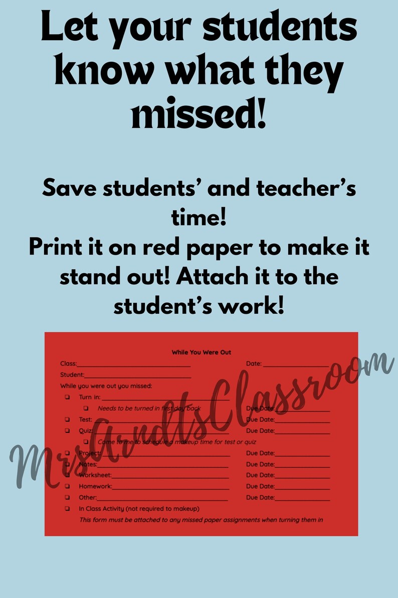 Classroom "while You Were Out" Form ** Time Saver* INSTANT DOWNLOAD - Etsy