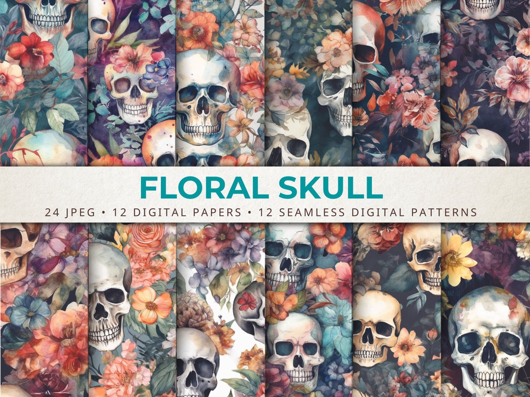 Floral Skulls Digital Papers Set of 12 Watercolor Patterns for ...