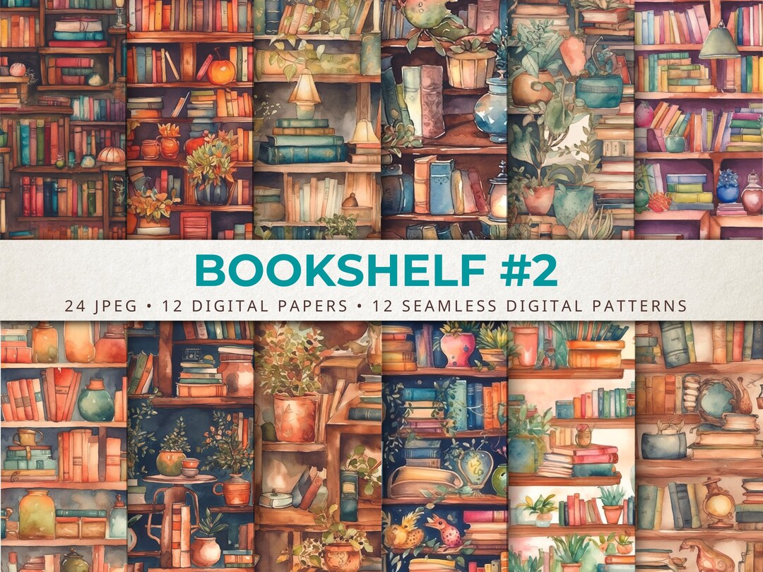 Beautiful Library Background Designs Bookshelf Digital Paper, Seamless ...