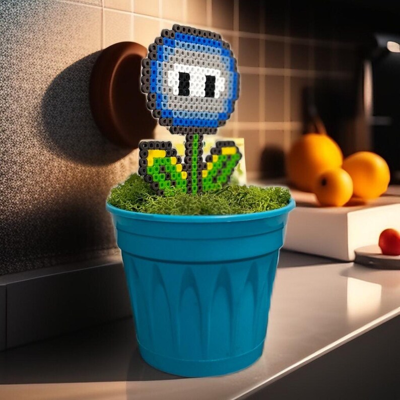 Pixel Super Mario Flower with Flowerpot and Moss Decorative Flower, Art ...