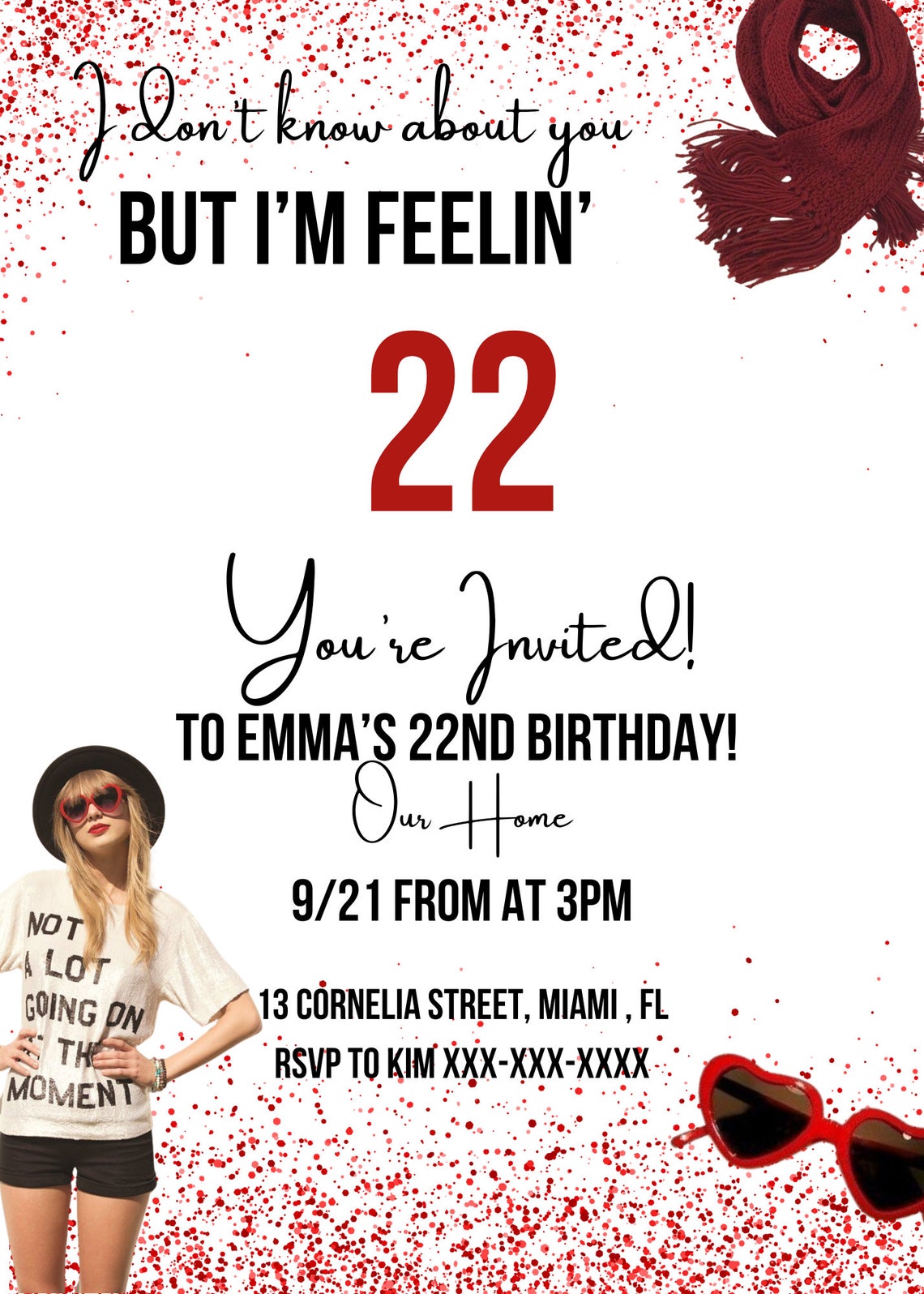 Red Taylor Swift Invitation, Birthday Invitation, I'm Feeling 22 ...
