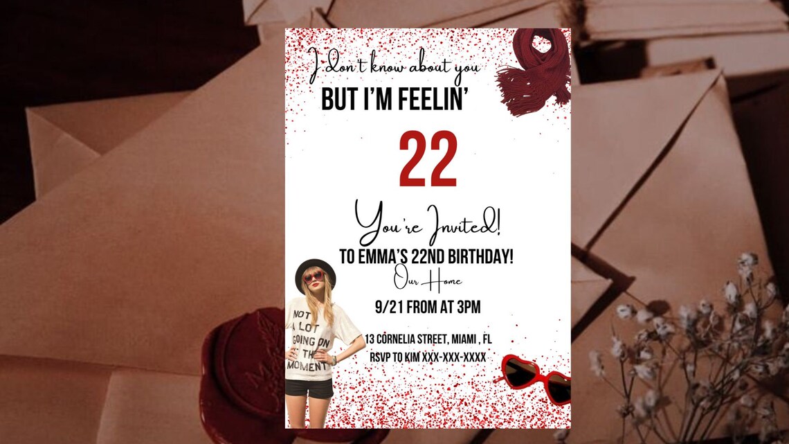 Red Taylor Swift Invitation, Birthday Invitation, I'm Feeling 22 ...