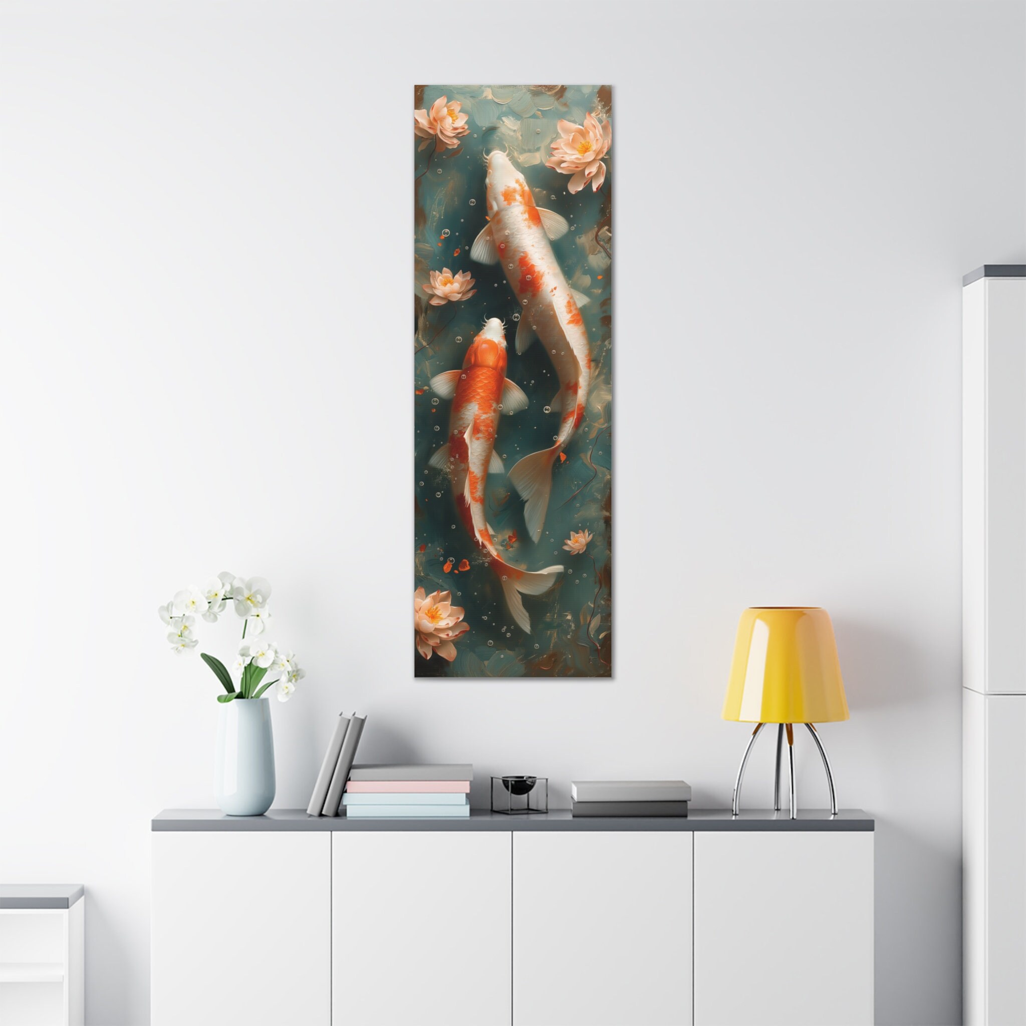 Koi Fish in Pond, Abstract Boho Design, Japandi Nature Print, Long ...