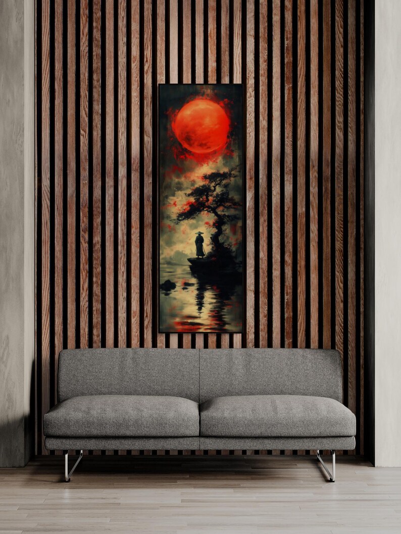 Samurai Red Moon Japanese Canvas Art, Vertical Wall Decor - Etsy