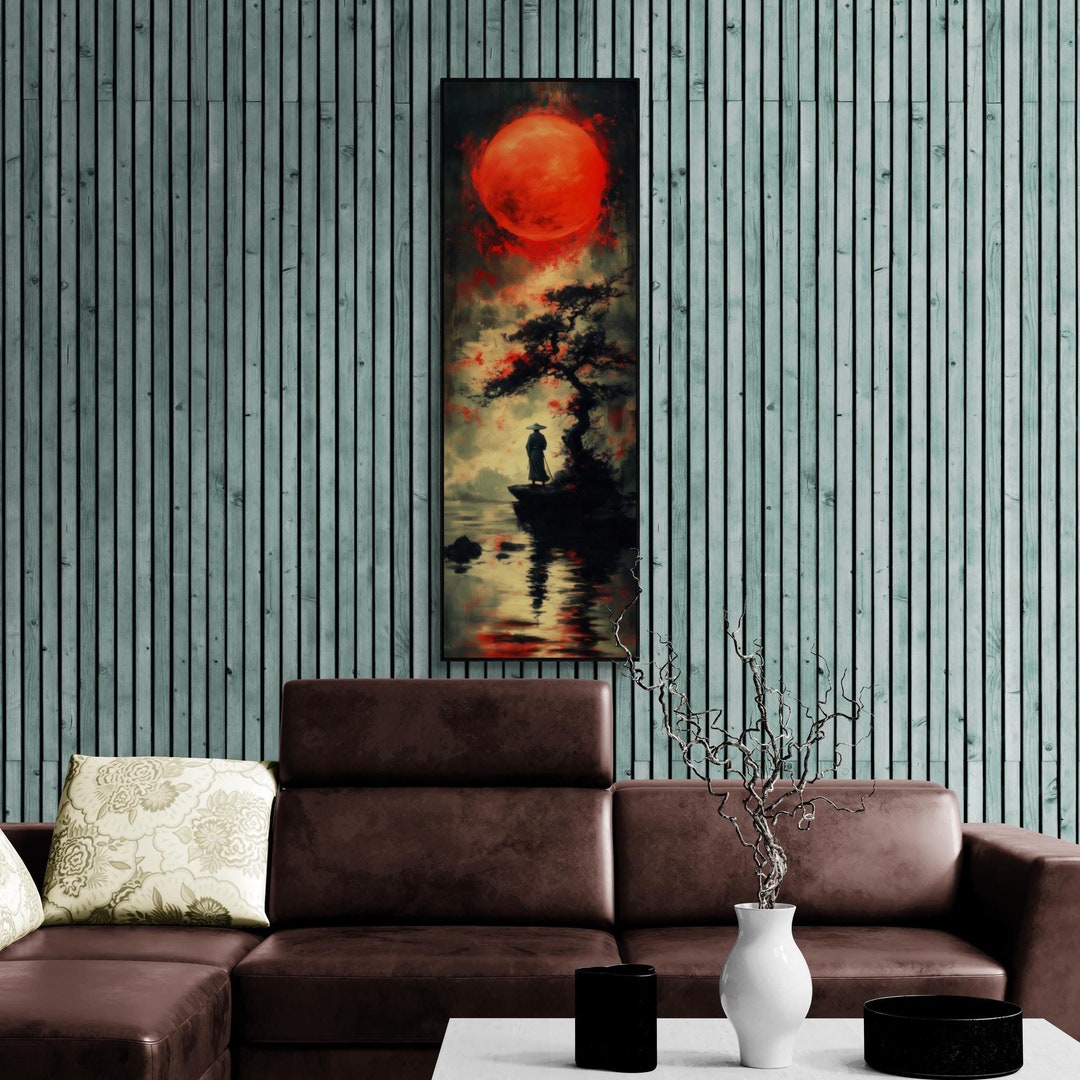 Samurai Red Moon Japanese Canvas Art, Vertical Wall Decor - Etsy