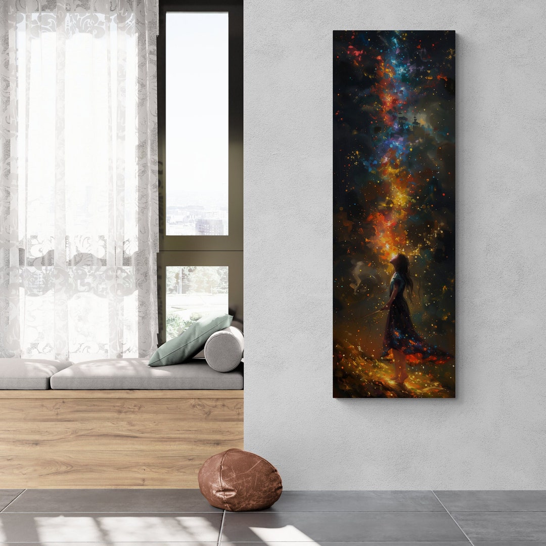 Witch Girl Castin Spell, Unique Gift, Long Narrow Wall Art, Original Modern Vibrant Painting ...