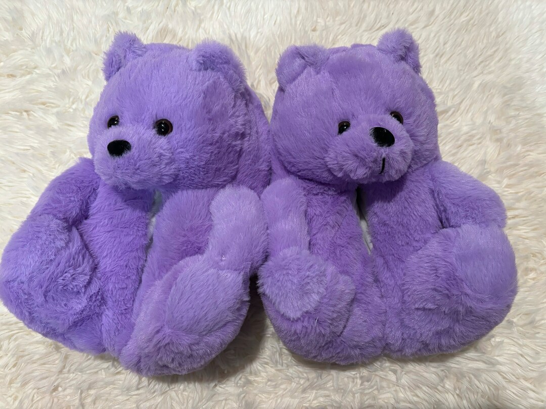 Teddy Bear Women Warm Furry Plush Slippers Slides Size 9 Purple - Etsy