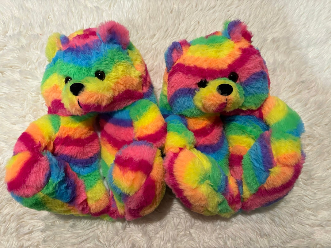 Teddy Bear Women Warm Furry Plush Slippers Slides Size 9 Rainbow - Etsy