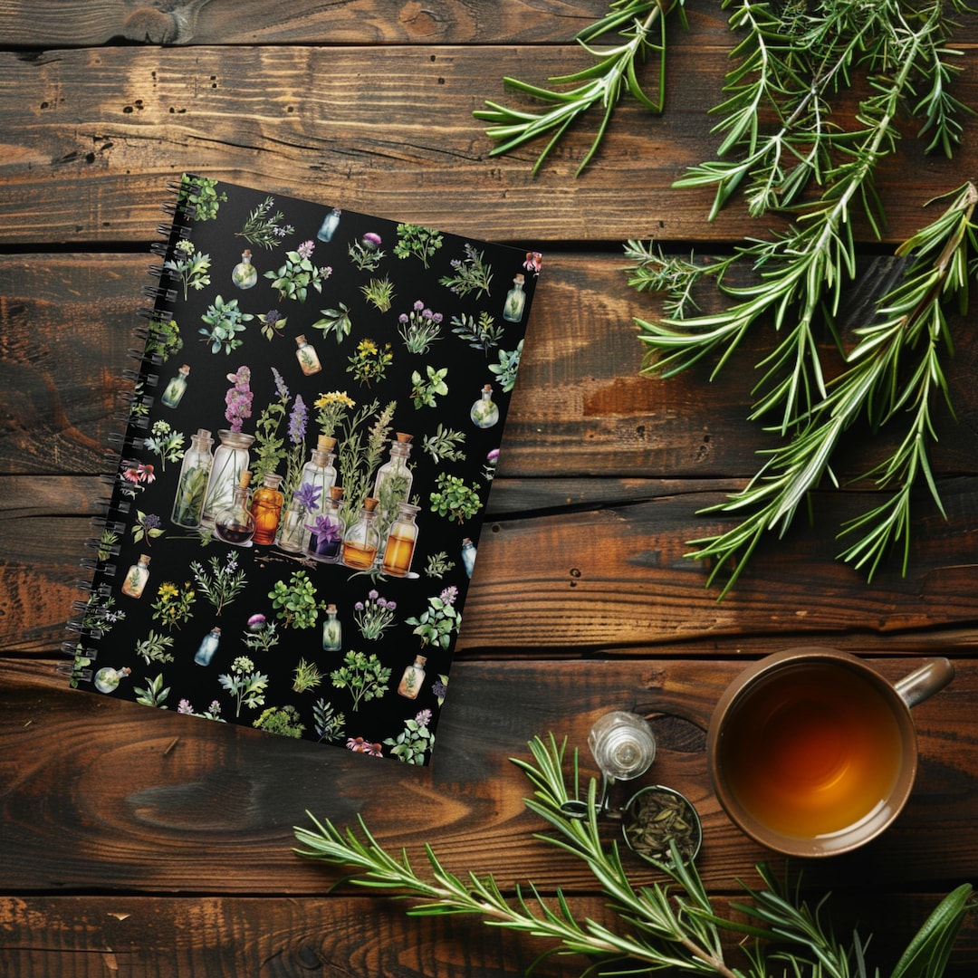Herbs and Bottles Spiral Notebook | Ruled Line | Botanical Apothecary Notebook | Herb Garden ...