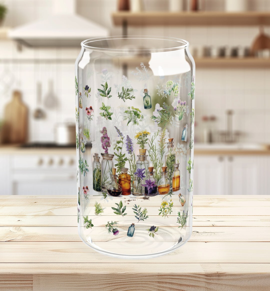 Herbs and Bottles Sipper Glass, 16oz With or Without Lid Glass Straw ...