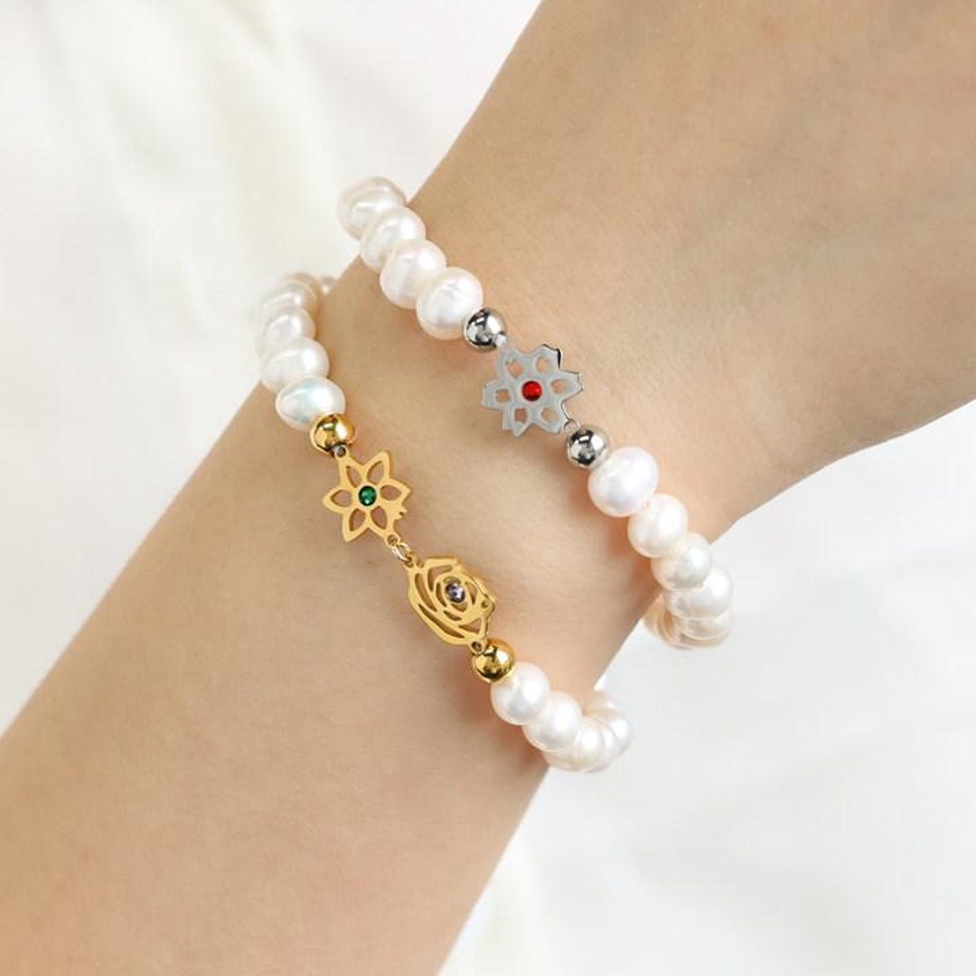 Custom Birth Flower Gemstone Bracelet, Freshwater Pearl Bracelet ...