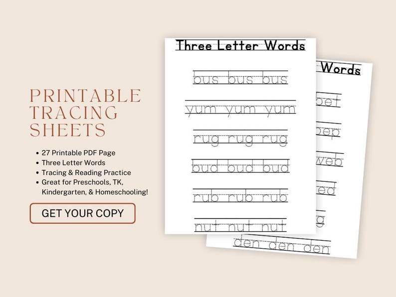 Three-letter Word Tracing Sheets - Etsy