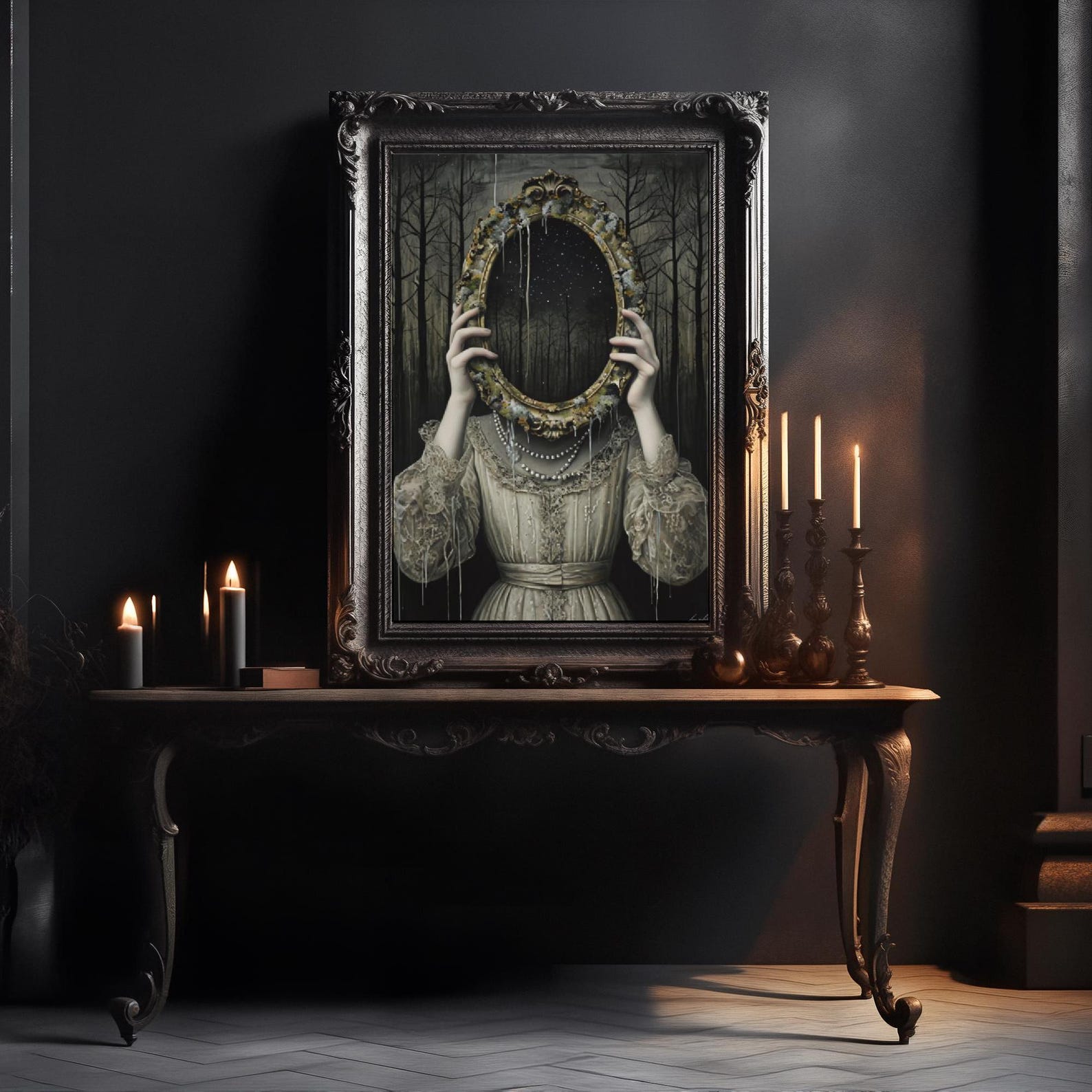 Mysterious Mirror: Victorian Decor, Gothic Dark Art, Vintage Woman Art ...