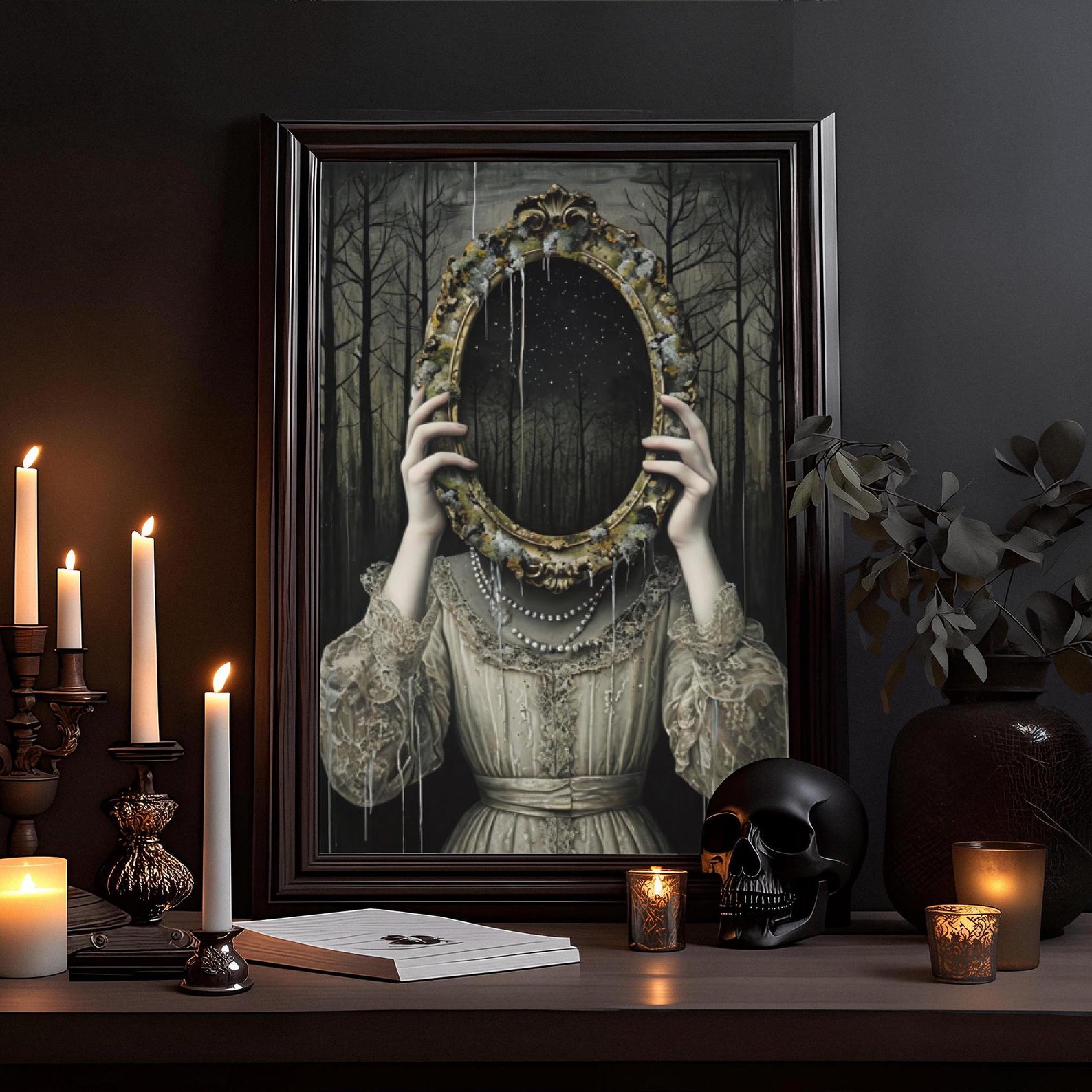 Mysterious Mirror: Victorian Decor, Gothic Dark Art, Vintage Woman Art ...
