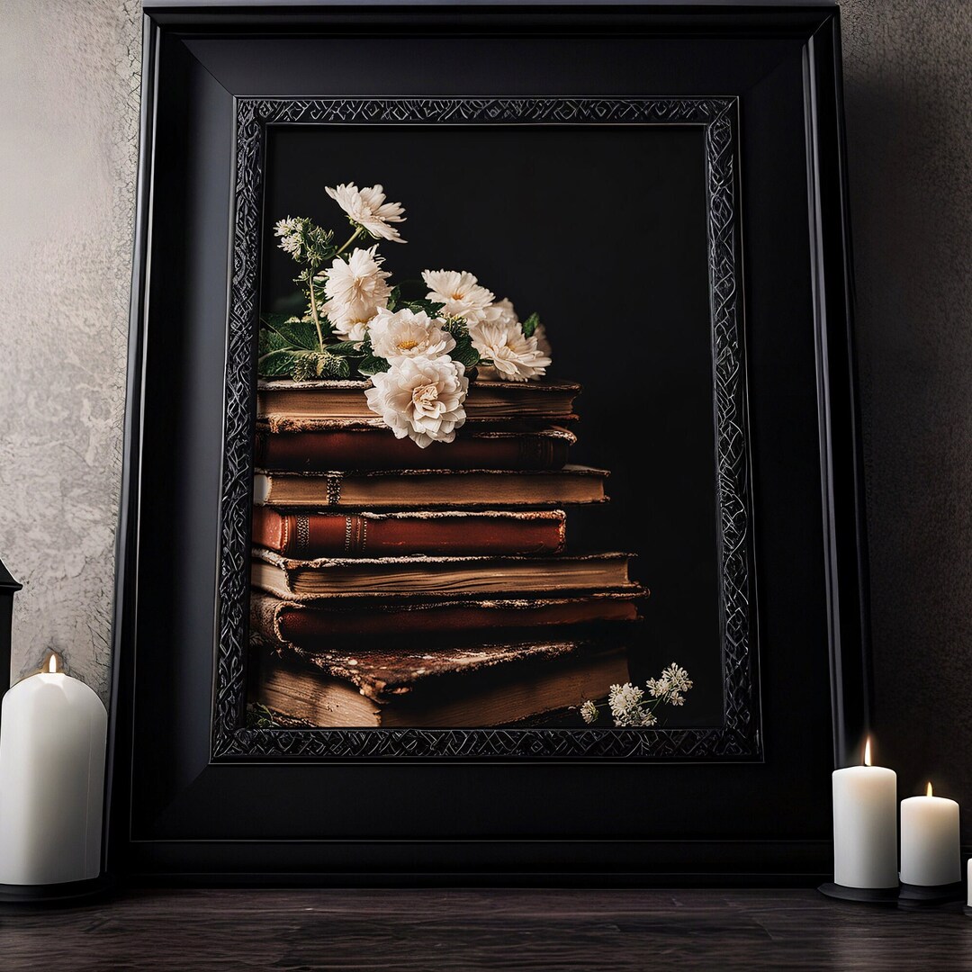 Book Stack With Flowers Wall Art: Oil Painting Drawing, Gothic, Ancient ...