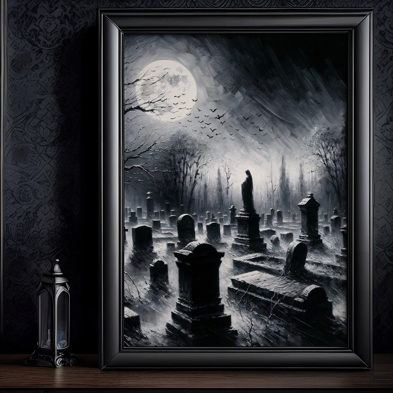 Cemetery at Full Moon Pastel Brush Drawing: Gloomy Cemetery at Night ...