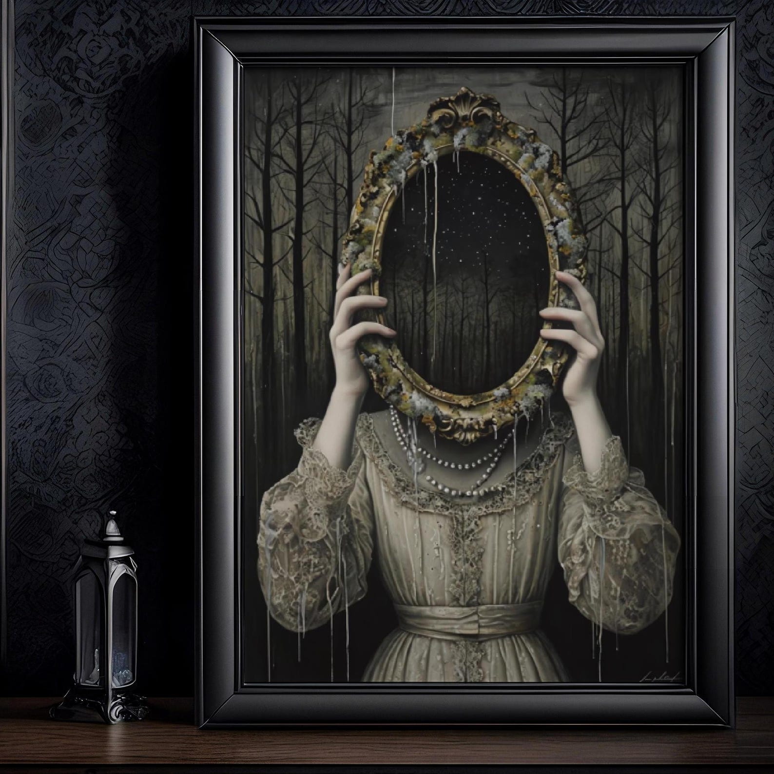 Mysterious Mirror: Victorian Decor, Gothic Dark Art, Vintage Woman Art ...