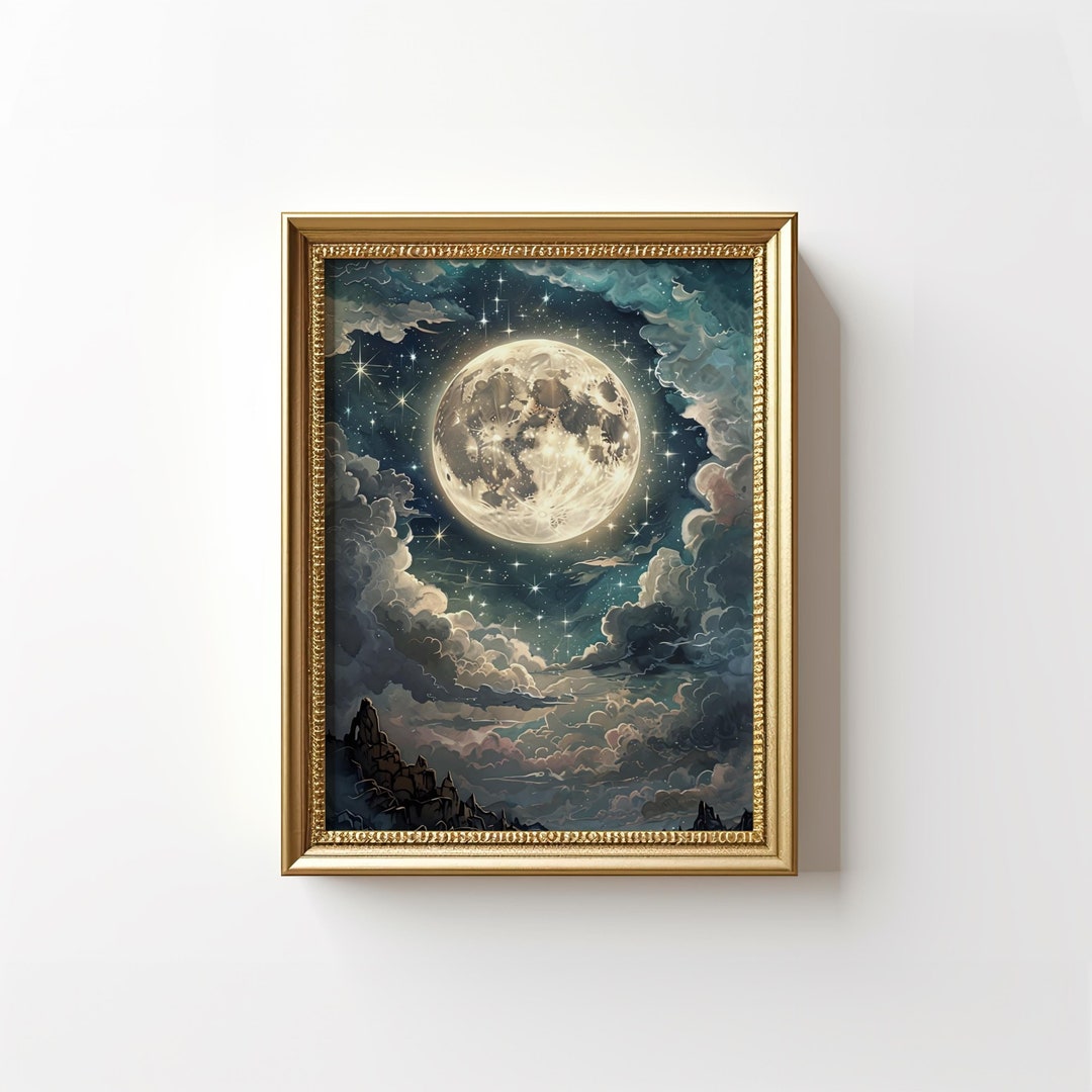 The Magic Moon Art Print: Melancholic, Enchanting Drawing, Starry Sky ...