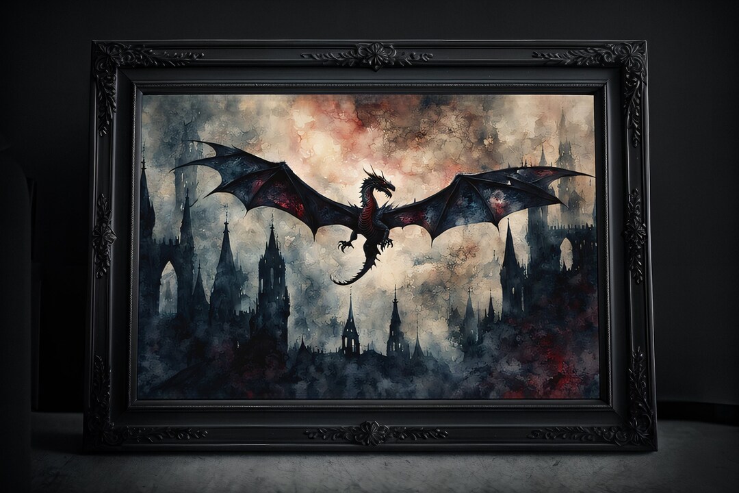 Dragon in Watercolor: Dark Art Print, Fantasy Dragon Wall Art, Drawing ...