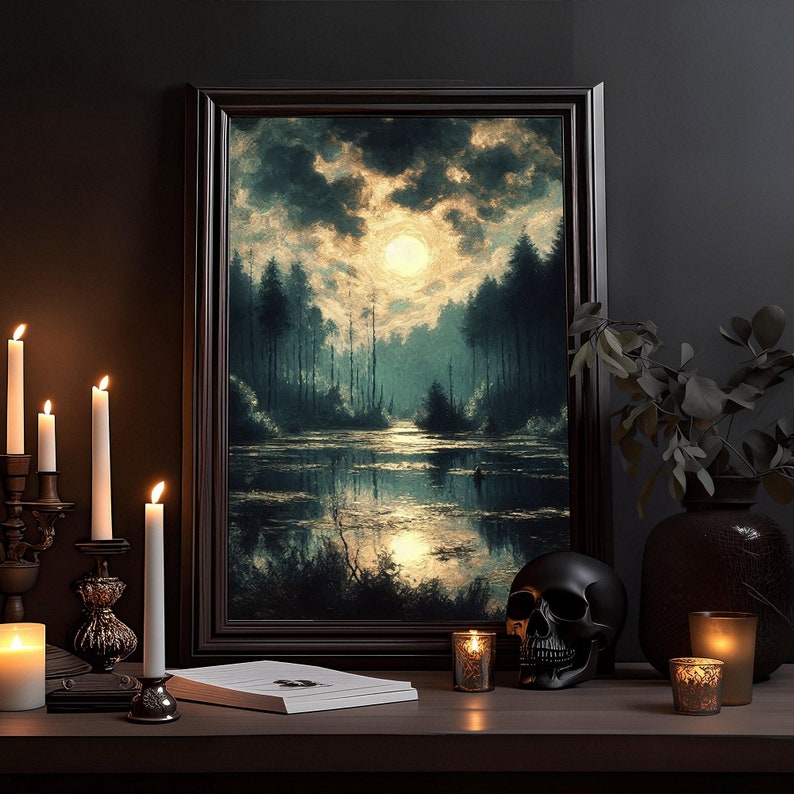 Lake in the Forest at Sunshine Oil Painting: Melancholic Picture ...