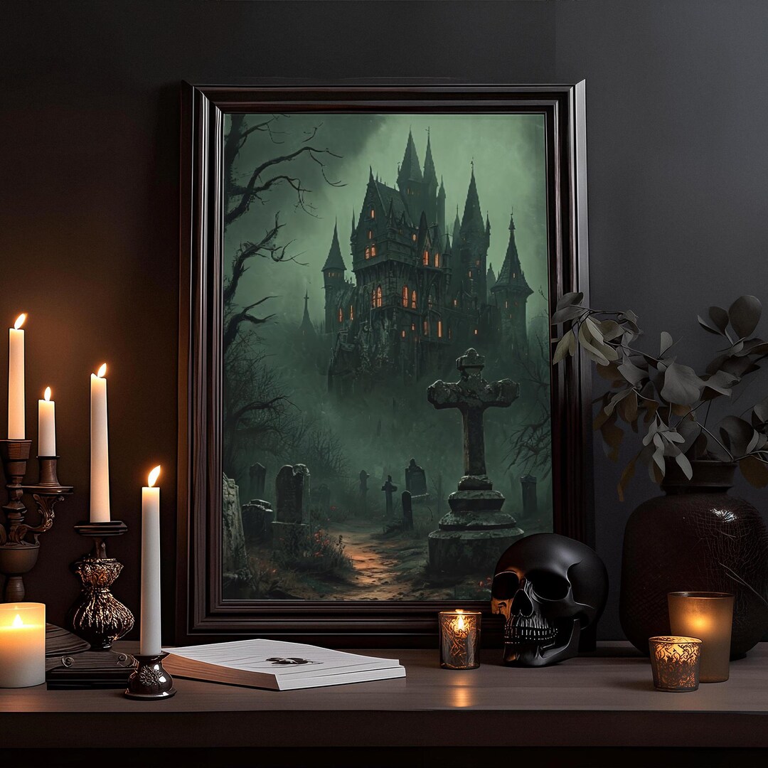 Horror Villa at the Cemetery Art Print: Gothic Painting, Gothic Wall ...