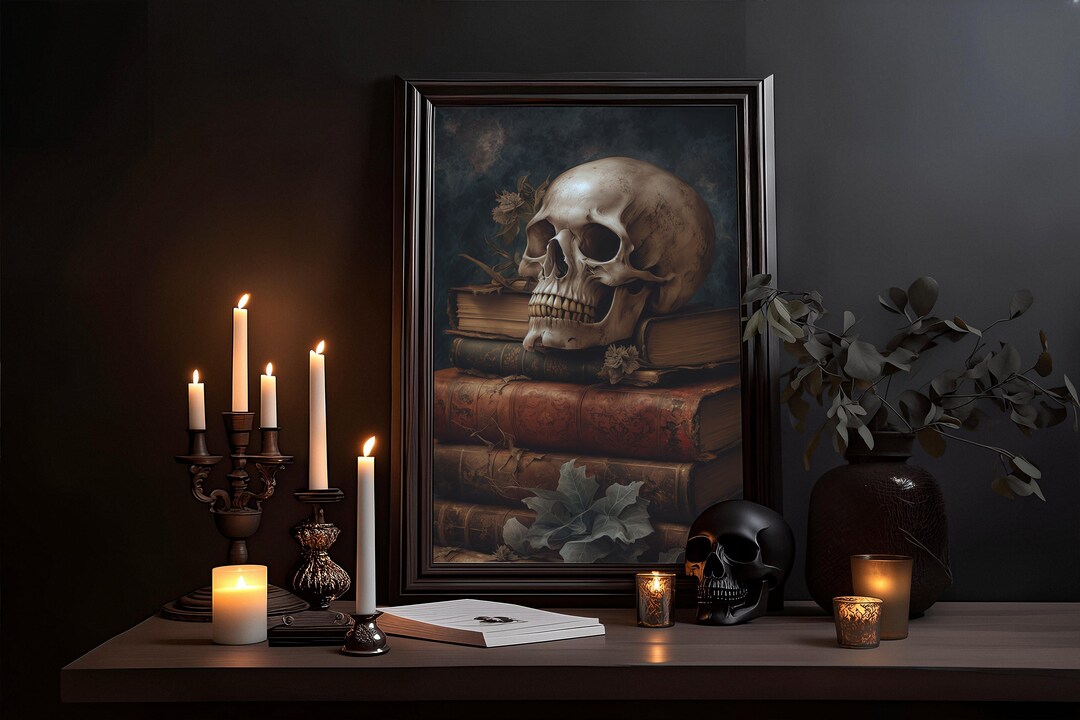 Skull on Stack of Books: Dark Gothic, Victorian Wall Art, Dark Academia ...