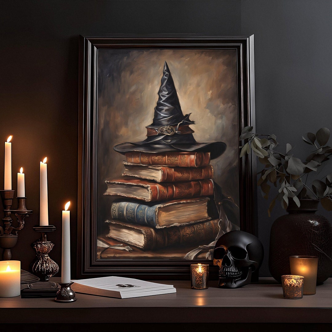 Witch Hat on Stack of Books Wall Art: Dark Watercolor Drawing, Library ...