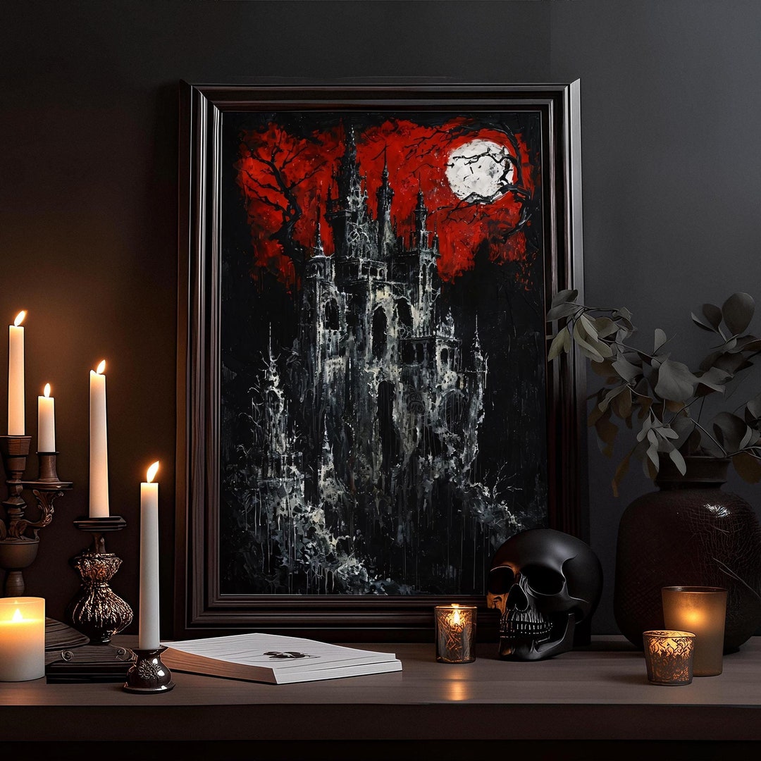 Castle by Blood Moon Oil Painting: Dark Horror Art Drawing, Dracula's ...