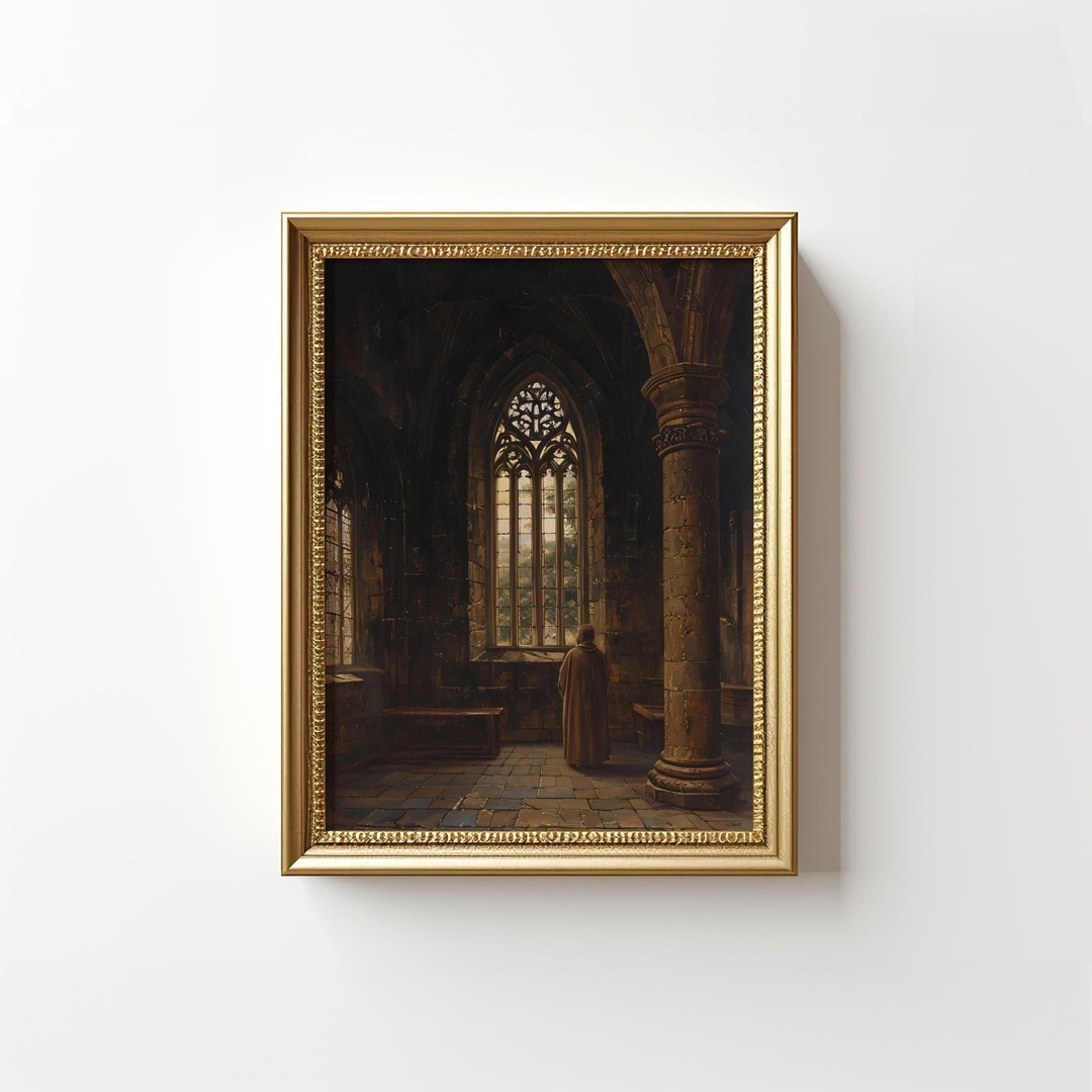 Monk in Monastery Wall Art: Vintage Oil Painting, Ancient Knowledge ...