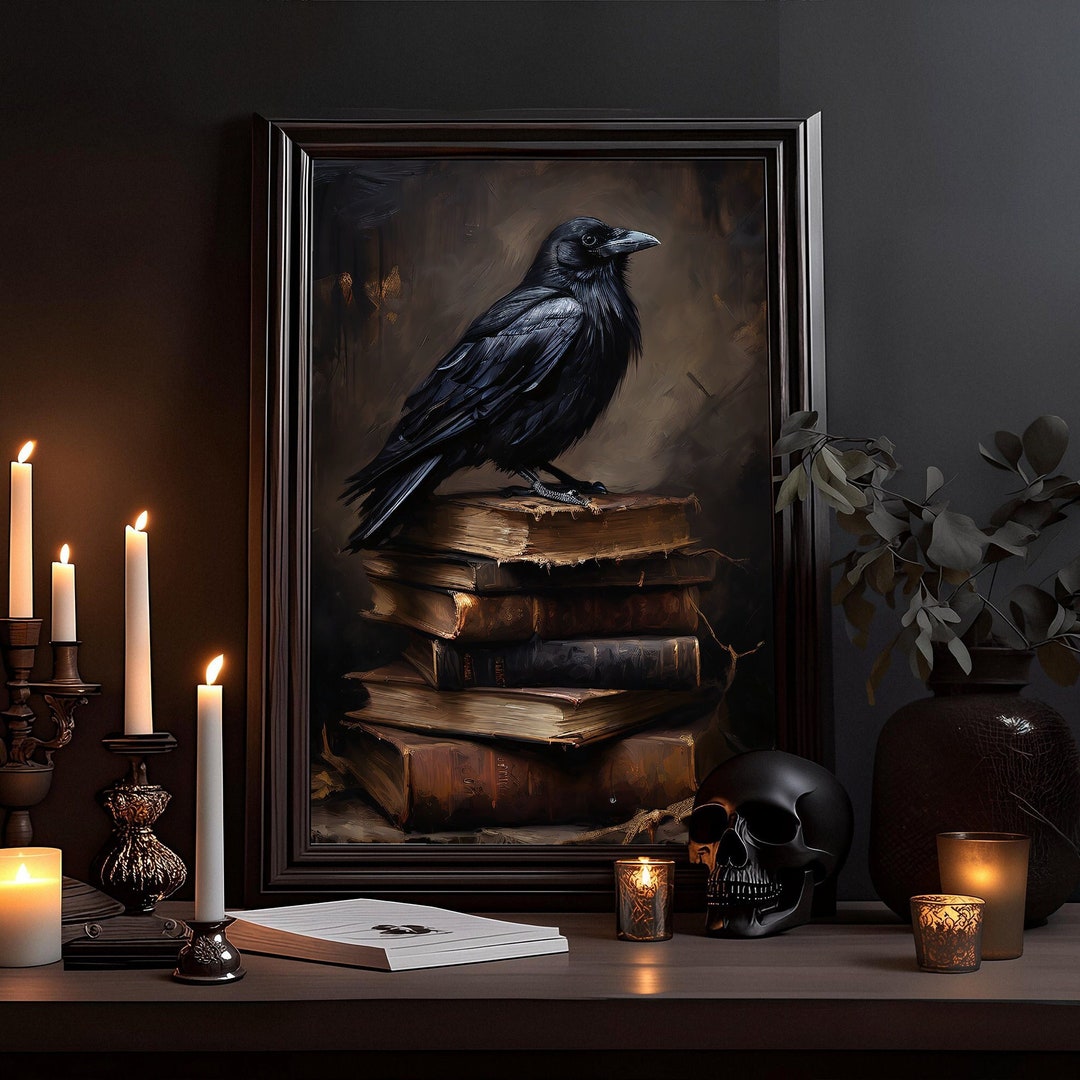 Raven on a Stack of Books, Gothic Art Poster, Vintage Poster, Dark Art ...