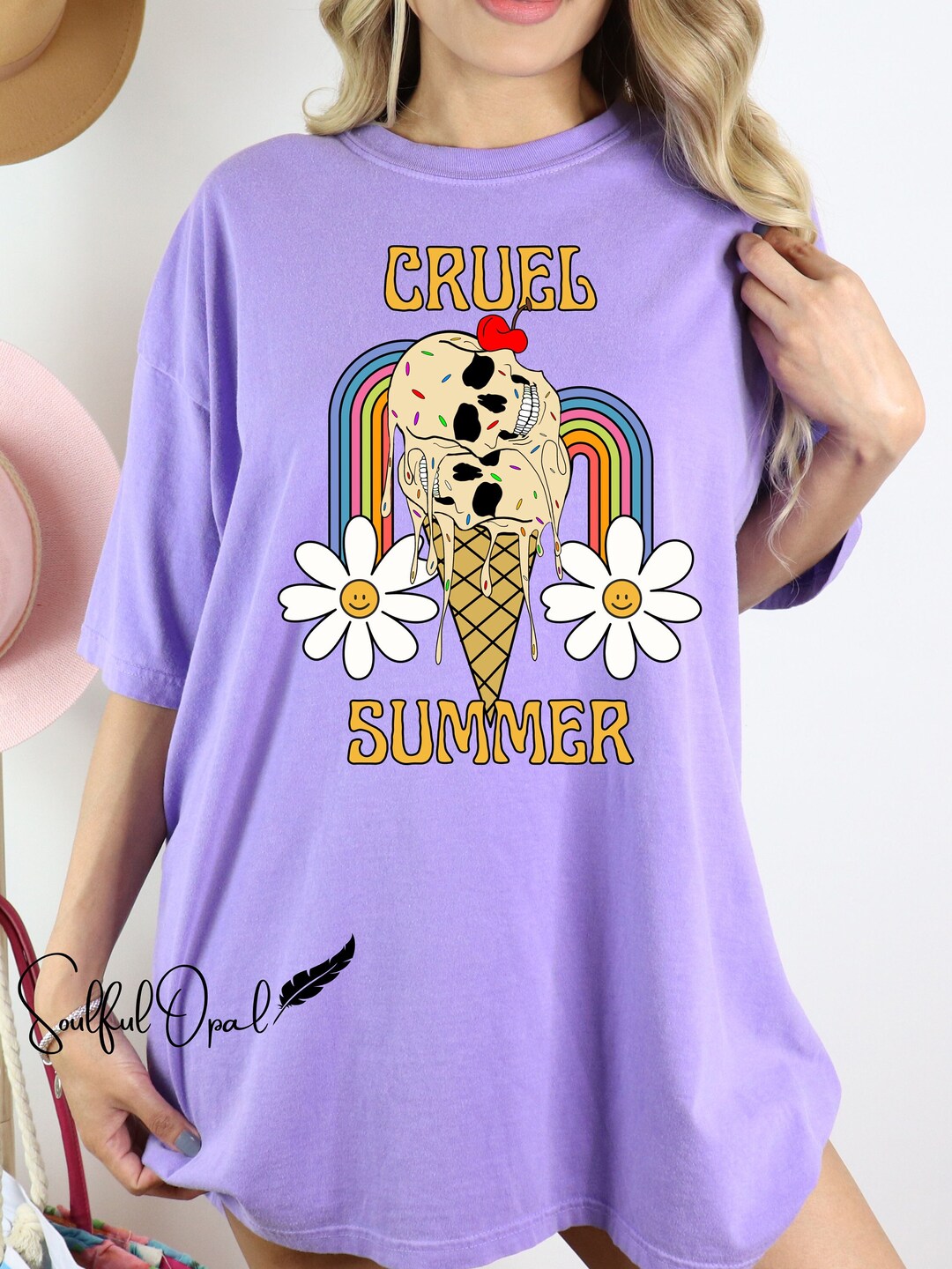 Cruel Summer Groovy Spooky Ice Cream Rainbows Flowers Skull Unisex ...