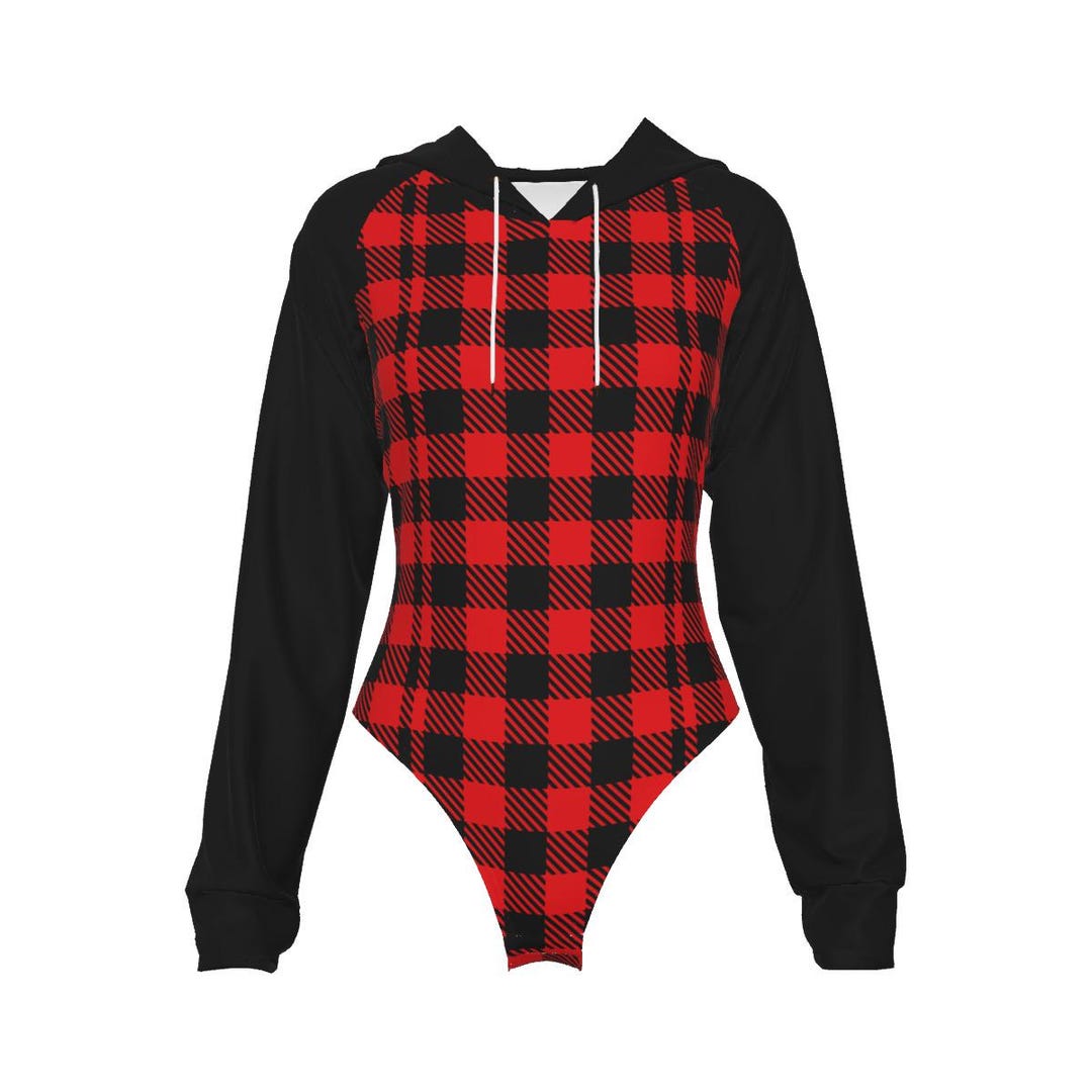 Black and Red Buffalo Plaid Women's Long Sleeve Hooded Bodysuit - Etsy
