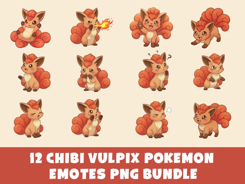 12 Chibi Vulpix Pokemon Emotes PNG Bundle, Cute Fire Type Pokemon ...