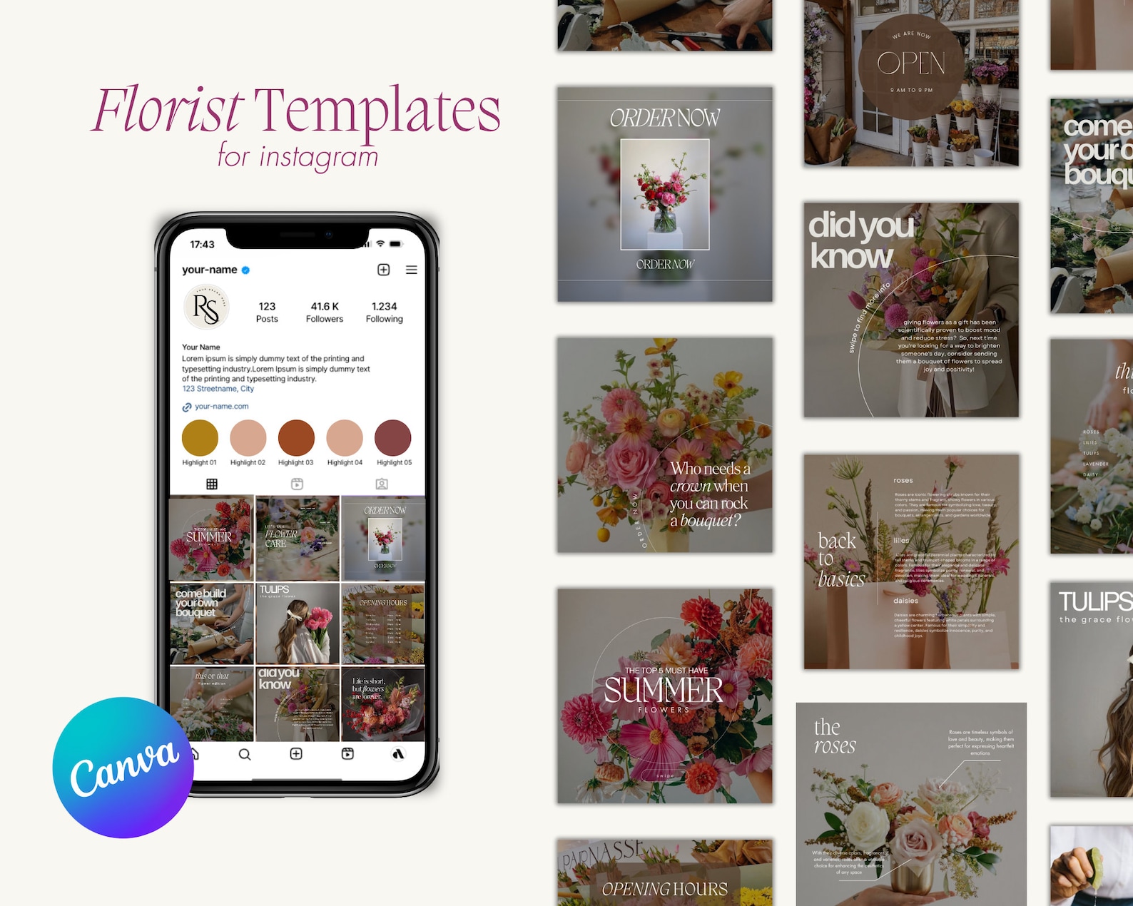 Florist Instagram Templates, Editable Flower Shop Social Media (canva ...