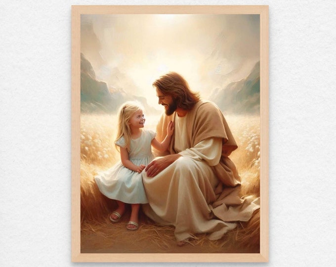 Gesegnet vom Retter, moderne christliche Kunst, Jesus mit Mädchen ...