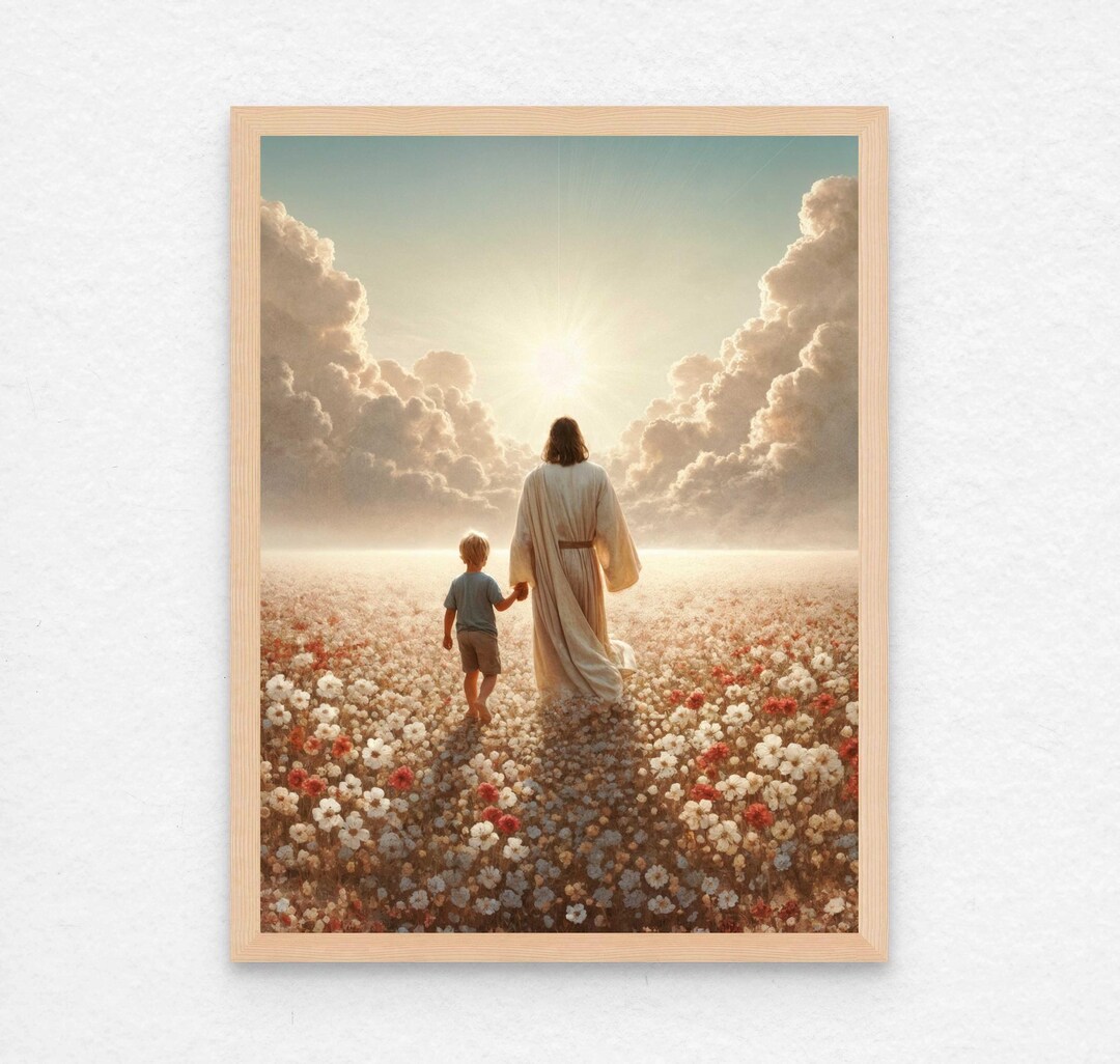 Savior and Flowers, Modern Christian Art, Jesus Walking With Boy, Jesus ...