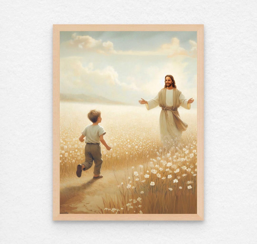 Safe With Jesus, Christian Art, Boy Running to Jesus, Picture of Christ ...