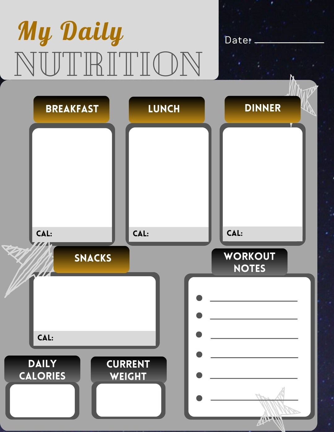 Starry Night Daily, Weekly and Monthly Nutrition Tracker Template - Etsy