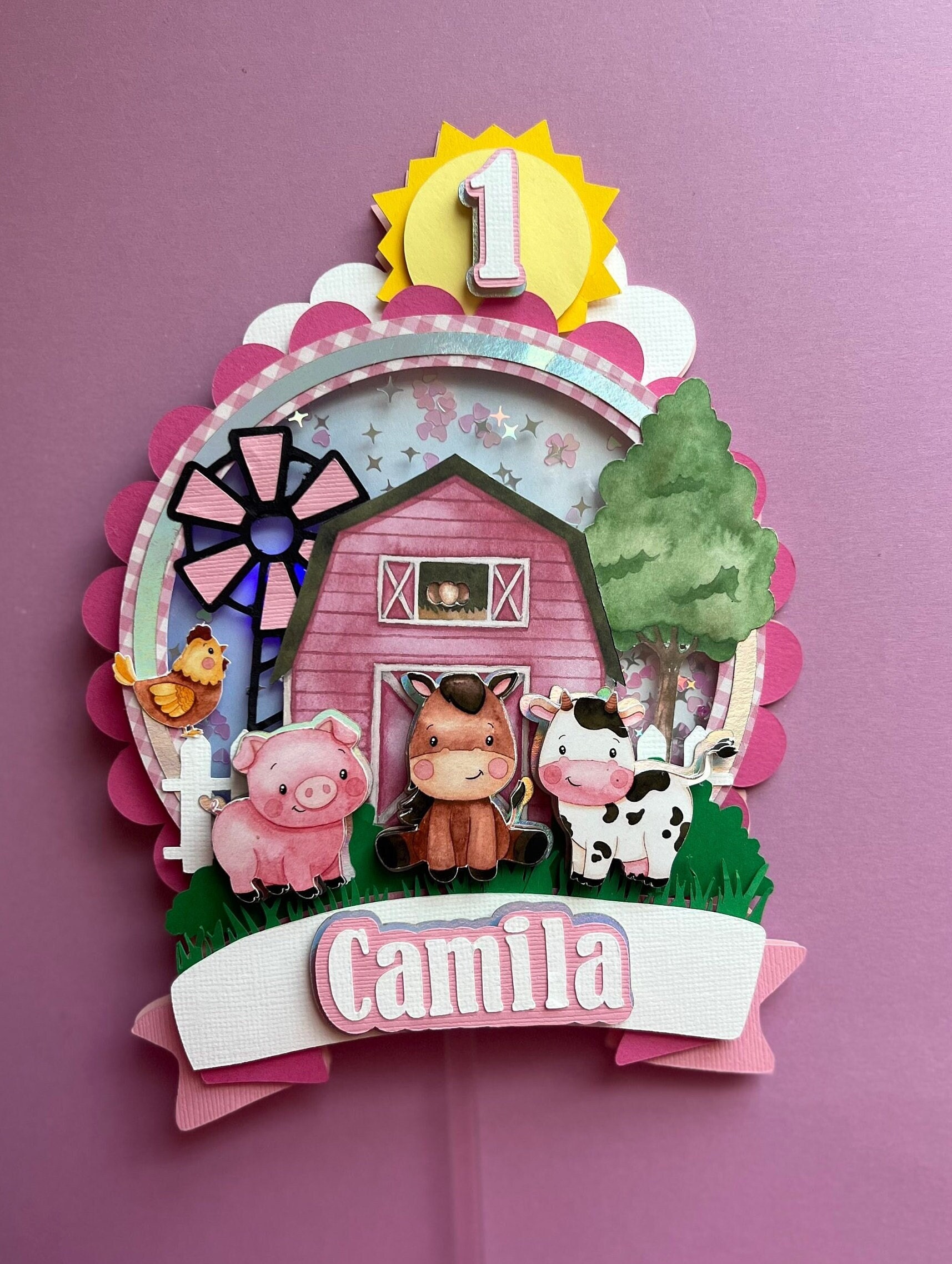 Farm Cake Topper, Cute Farm Cake Topper, Pink Farm Cake Topper, Farm ...