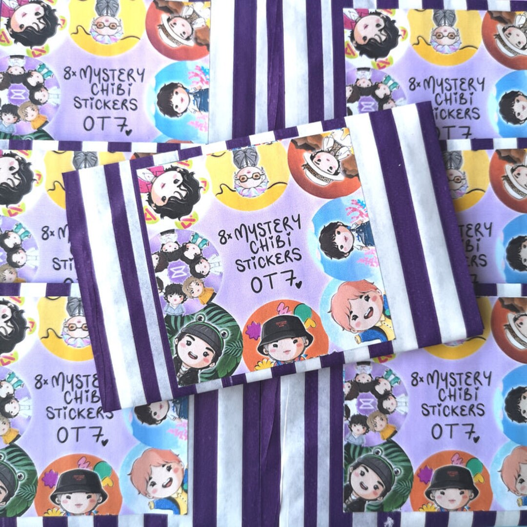 Bangtan Large Chibi Round 60mm Sticker - Mystery OT7 Pack of 8 Stickers ...