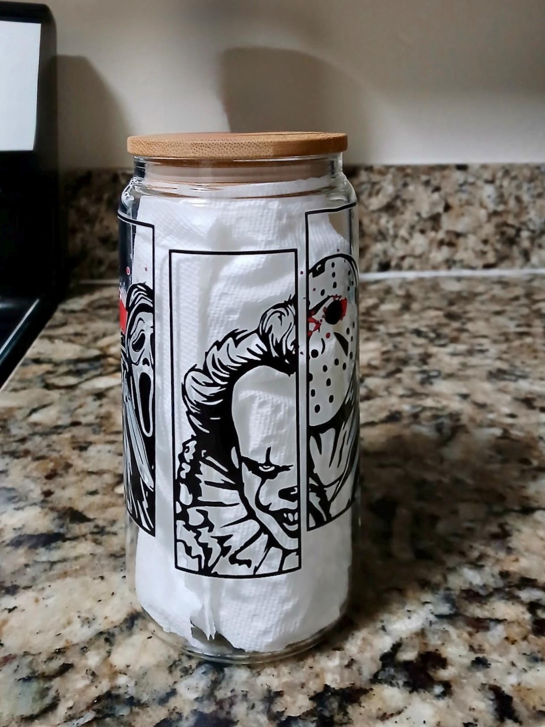 Horror Friends Cup Glass | Personalized Glass Cups With Bamboo Lid ...