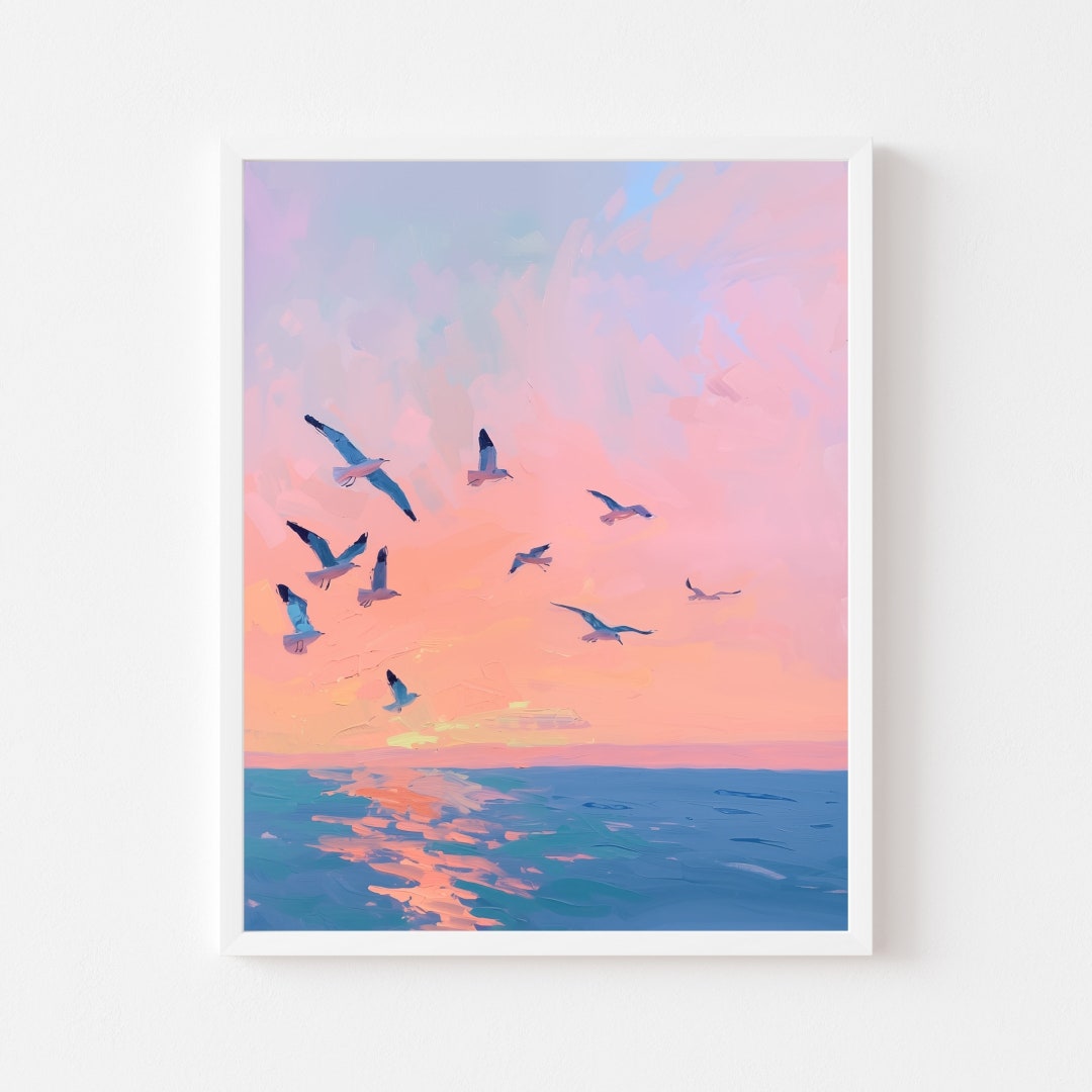 Colorful Seagull Painting | Coastal Sunset Sunrise Wall Art Print ...