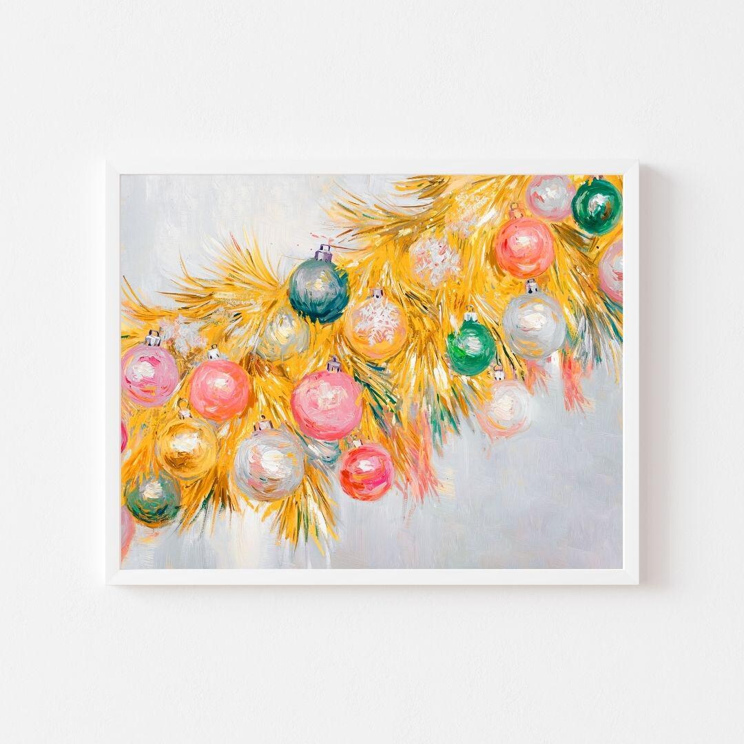 Gold Tinsel Christmas Garland Painting | Retro Holiday Wall Art Print ...